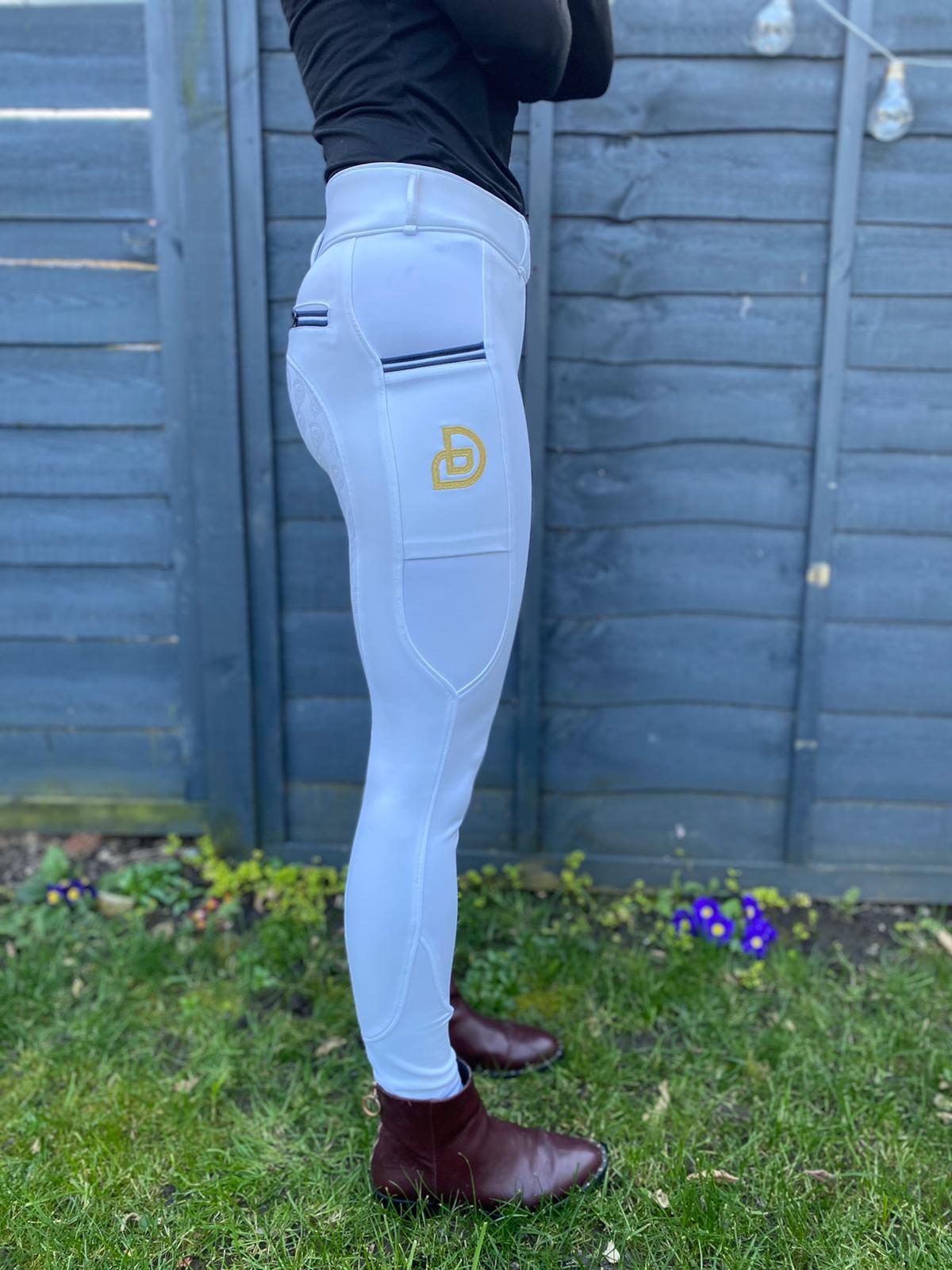 Superb White Riding Leggings with Gold Logo | D.P Equine